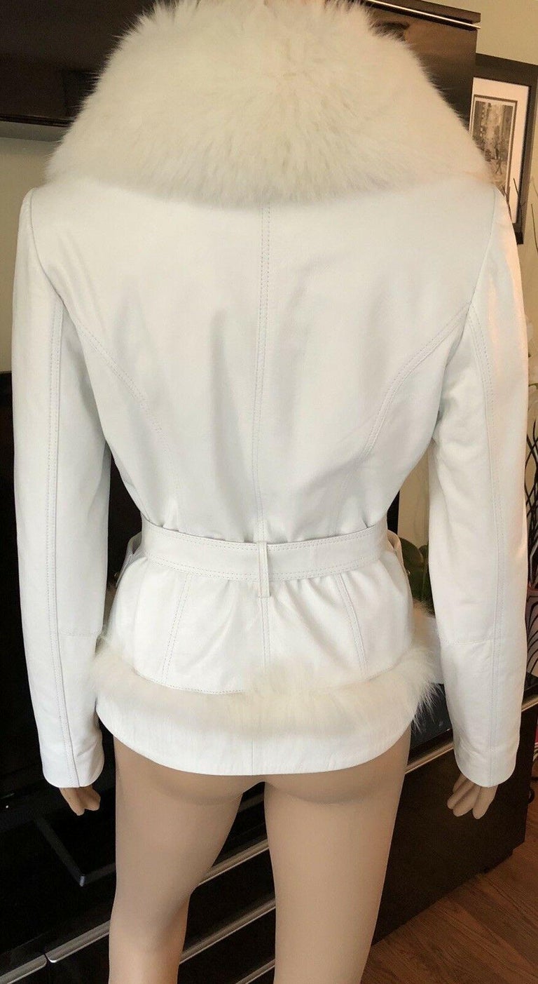 Roberto Cavalli Leather Fur Trimmed Embellished Logo Belt White Jacket ...