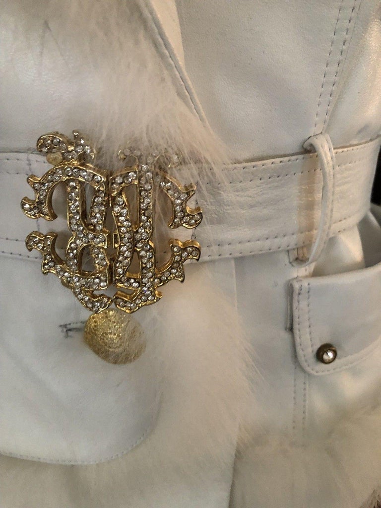 Roberto Cavalli Leather Fur Trimmed Embellished Logo Belt White Jacket ...