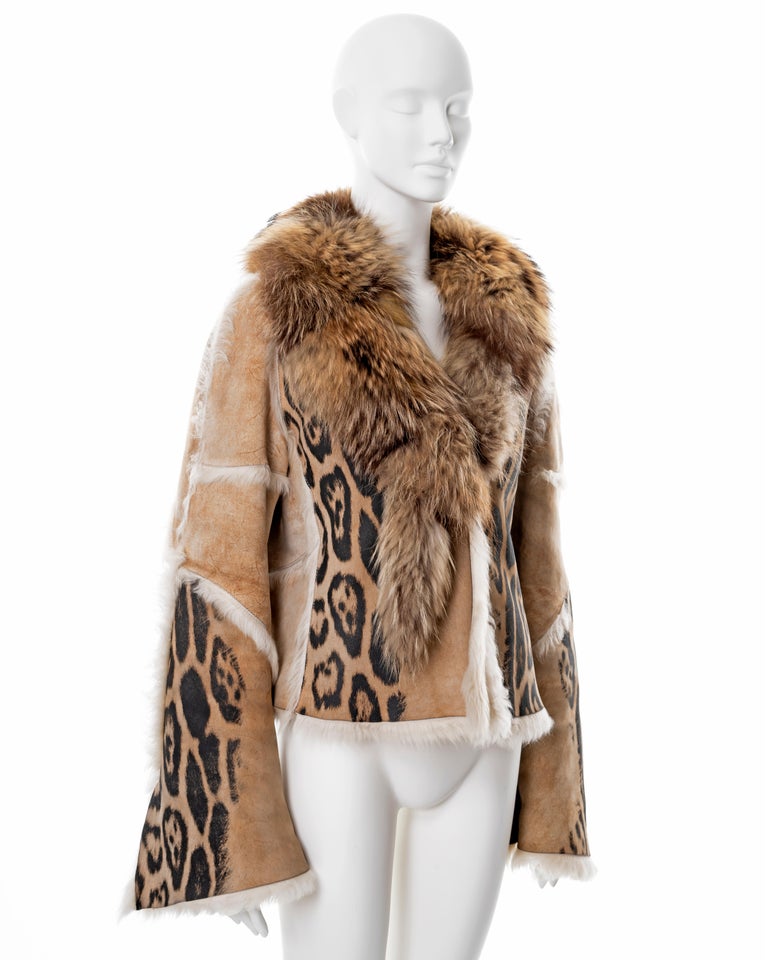 Roberto Cavalli leopard print sheepskin jacket with fox fur collar, fw ...