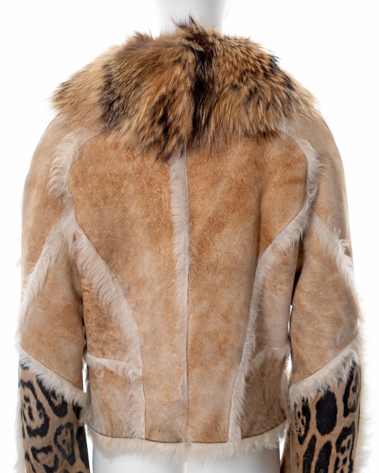 Roberto Cavalli leopard print sheepskin jacket with fox fur collar, fw ...