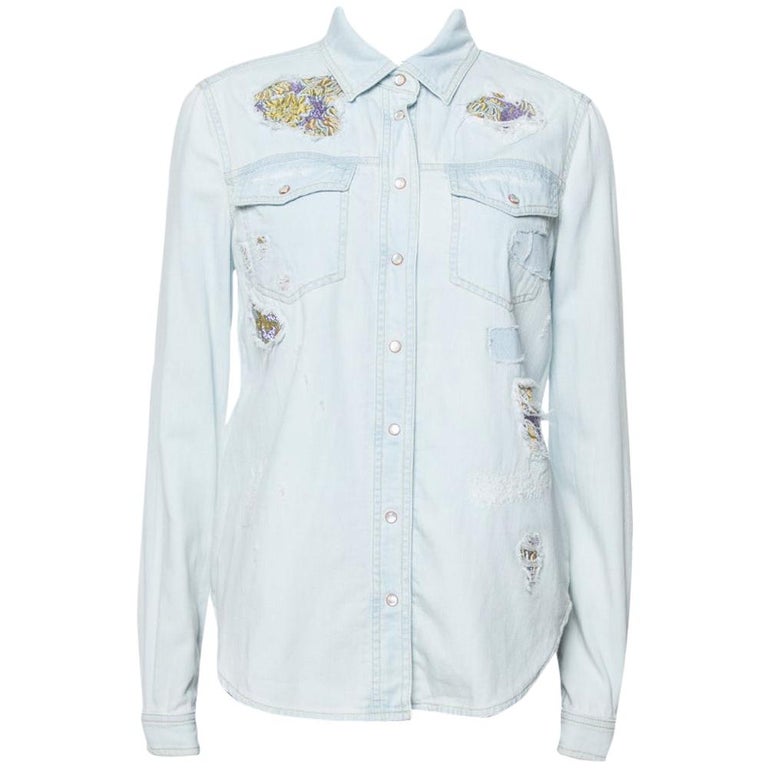 Roberto Cavalli Light Blue Distressed Denim Patch Detail Shirt S For ...