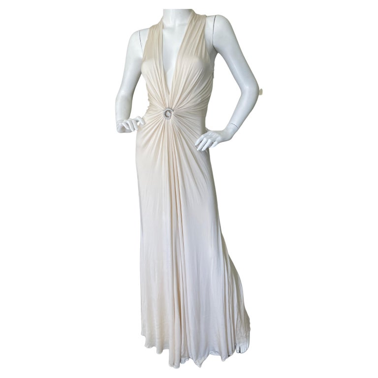 Roberto Cavalli Plunging Vintage Ivory Dress w Crystal Embellished ...