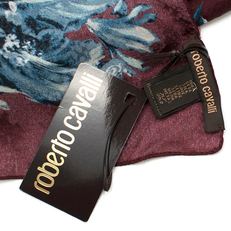 Roberto Cavalli Purple Floral Print Logo Scarf For Sale at 1stDibs