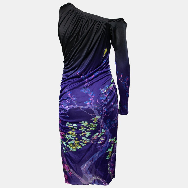 Roberto Cavalli Purple Floral Printed Jersey Side Draped Dress M For ...