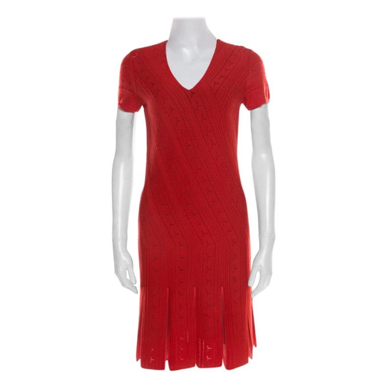 Roberto Cavalli Red Crochet Knit V Neck Godet Dress M For Sale at 1stDibs