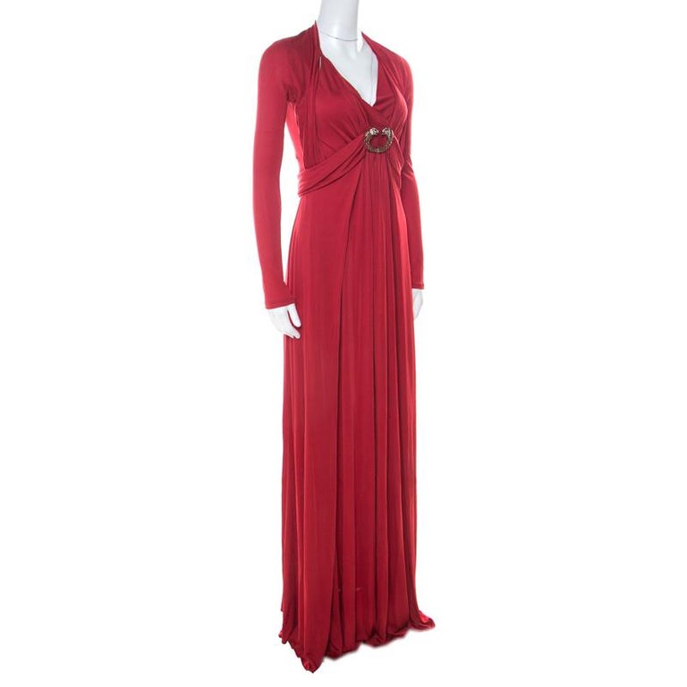 Roberto Cavalli Red Stretch Jersey Long Sleeve Maxi Dress S at 1stDibs