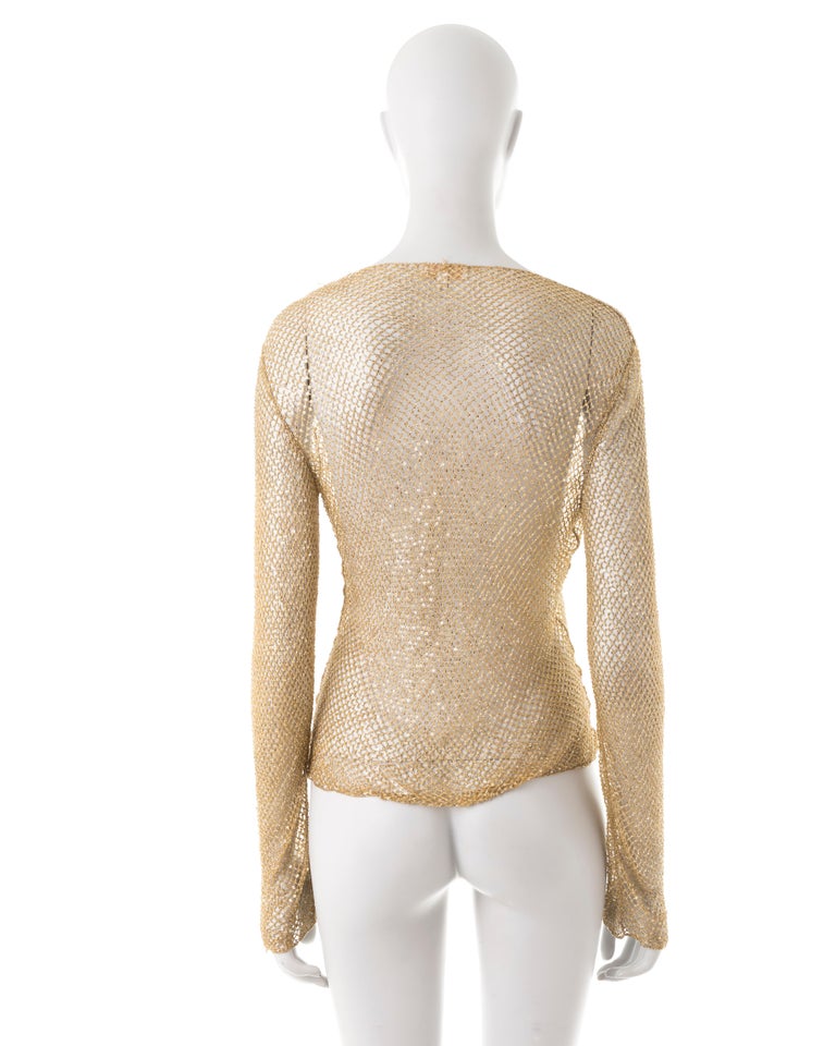 Roberto Cavalli S/S 1999 gold beaded fishnet cardigan For Sale at 1stDibs