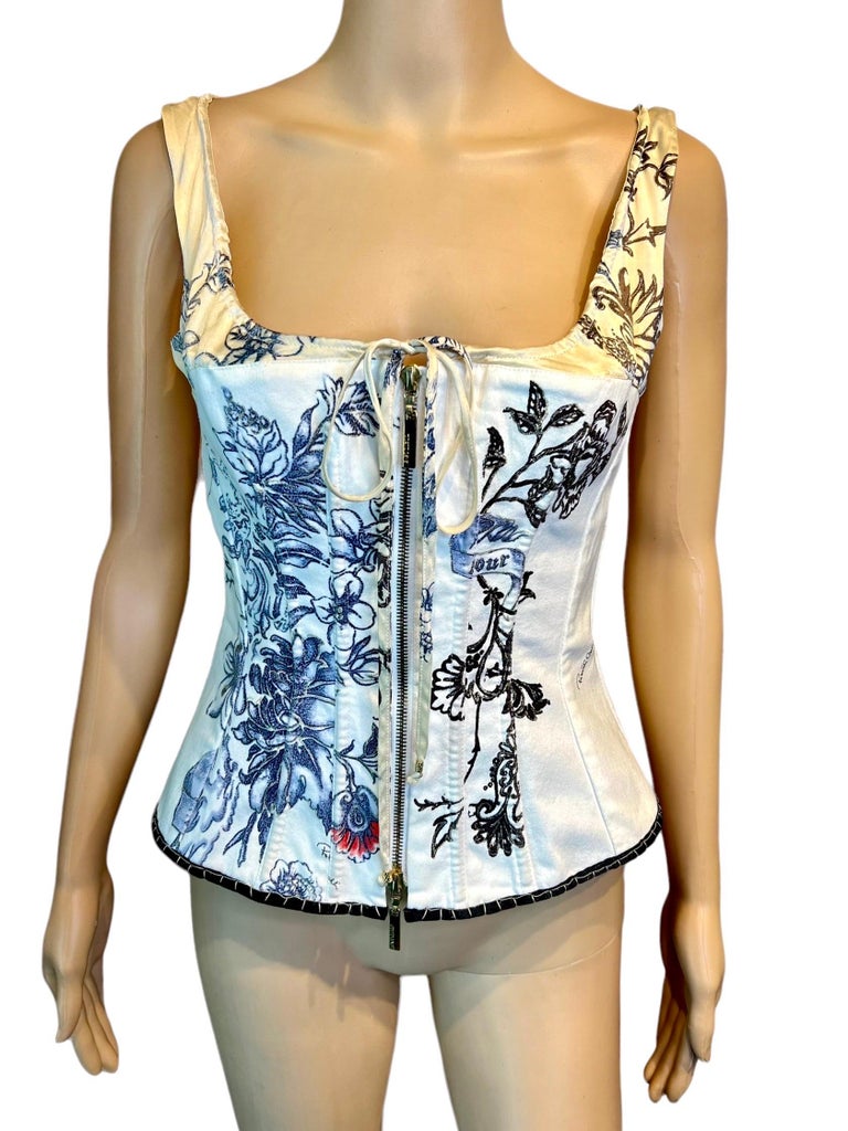 Roberto Cavalli S/S 2003 Bustier Corset Tattoo Print Silk Denim Top For ...