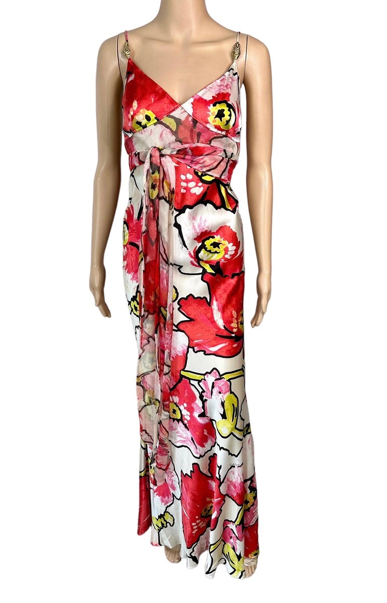 Roberto Cavalli S/S 2005 Silk Floral Print Slip Evening Dress and Wrap ...