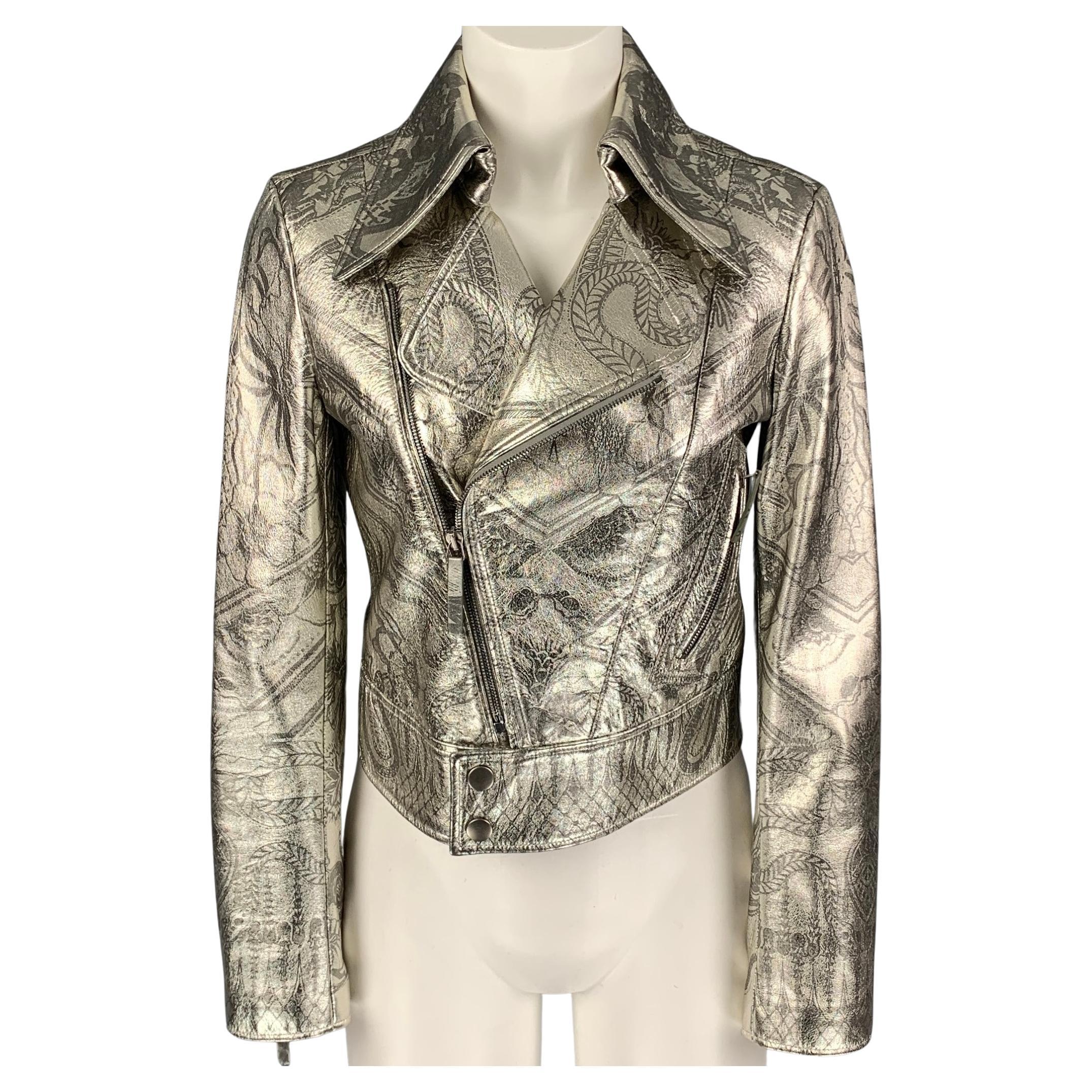 ROBERTO CAVALLI Size 4 Silver Print Leather Metallic Cropped Biker ...