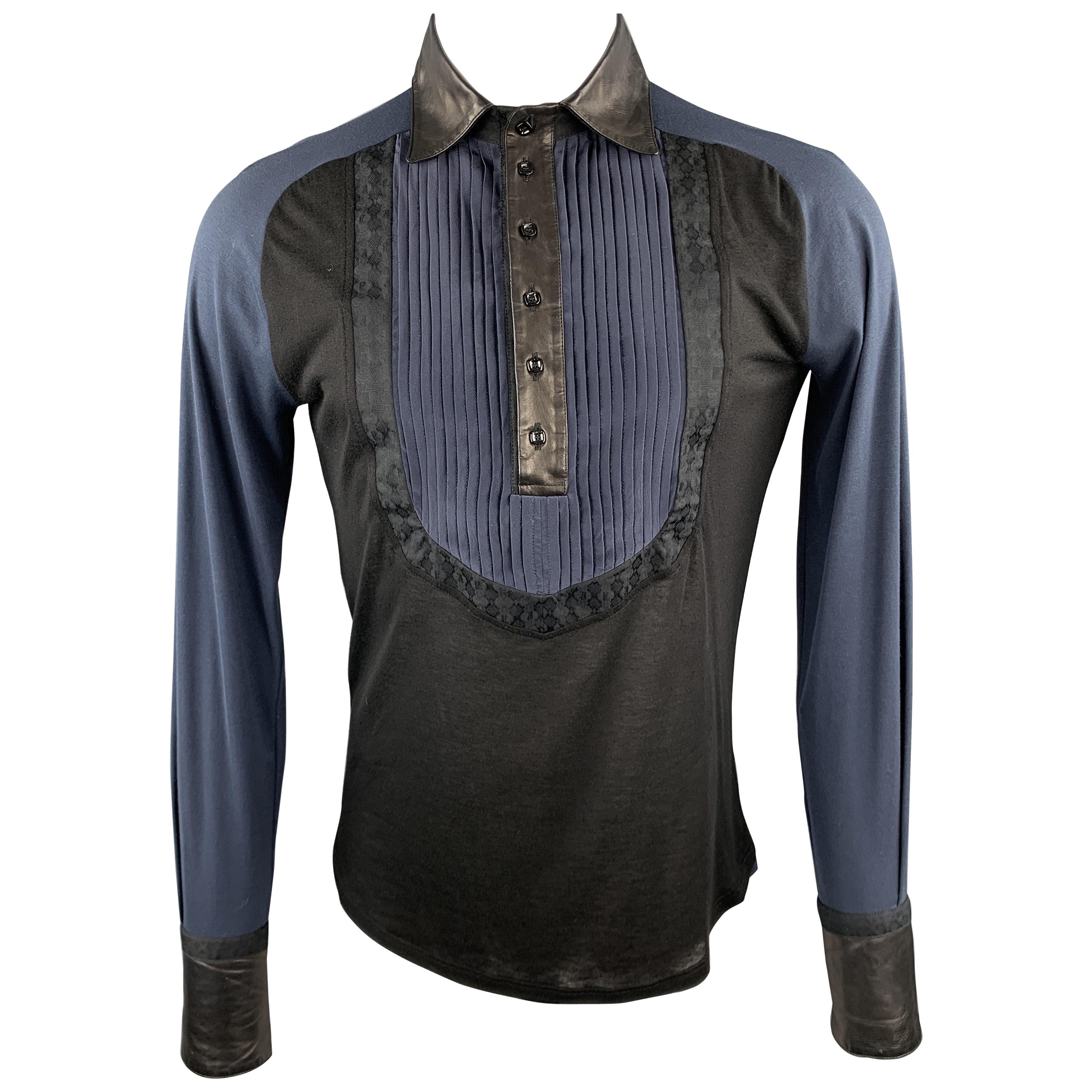 ROBERTO CAVALLI Size S Black and Navy Mixed Fabrics Buttoned Pullover ...