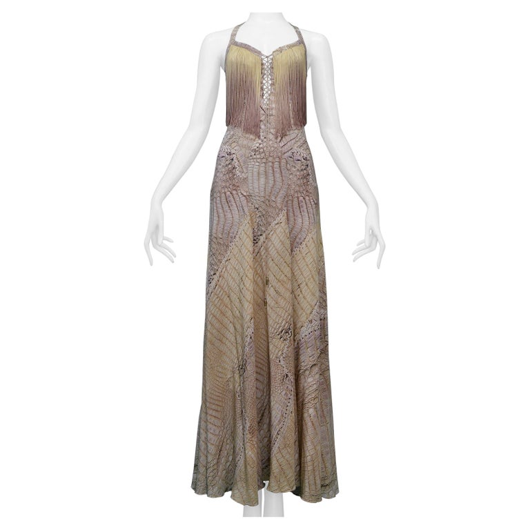 Roberto Cavalli Snake Print Halter Dress With Ombre Fringe For Sale at ...