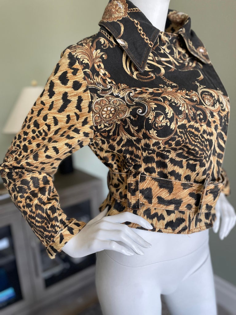 Roberto Cavalli Vintage Baroque Leopard Pattern Denim Motorcycle Jacket ...