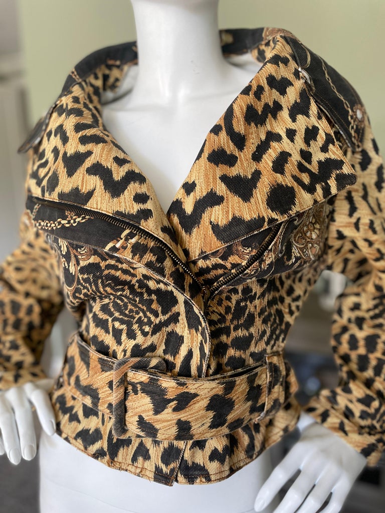 Roberto Cavalli Vintage Baroque Leopard Pattern Denim Motorcycle Jacket ...