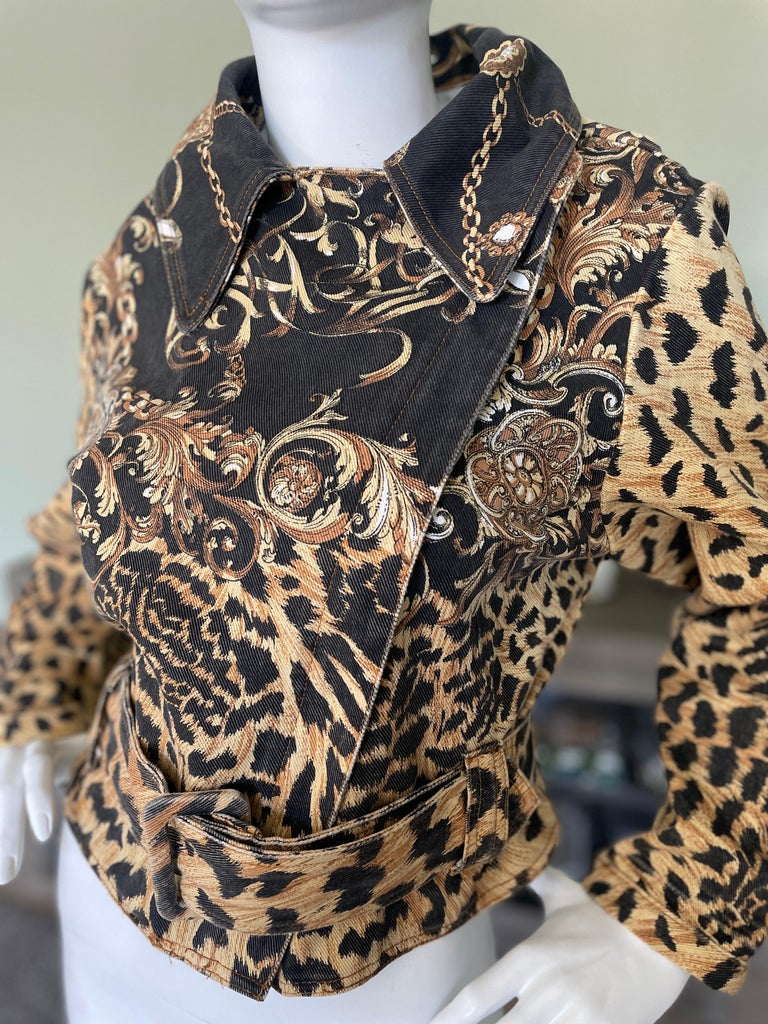 Roberto Cavalli Vintage Baroque Leopard Pattern Denim Motorcycle Jacket ...