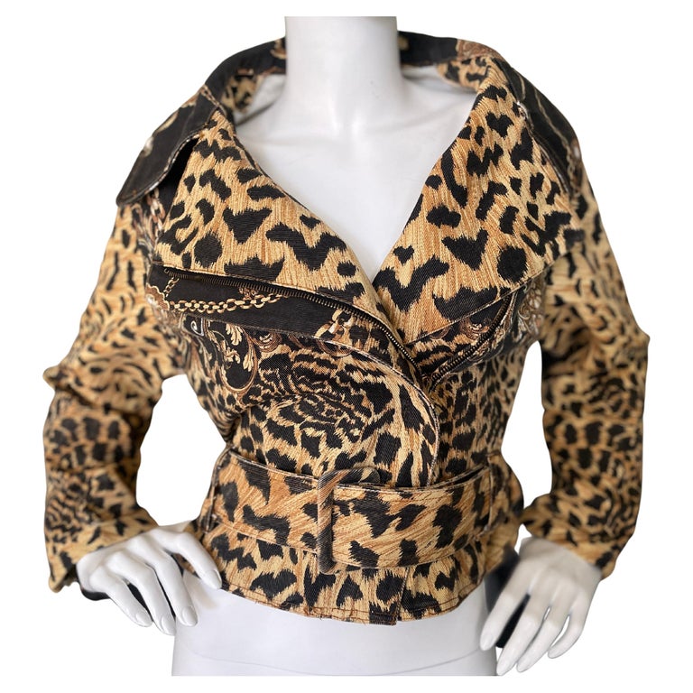 Roberto Cavalli Vintage Baroque Leopard Pattern Denim Motorcycle Jacket ...