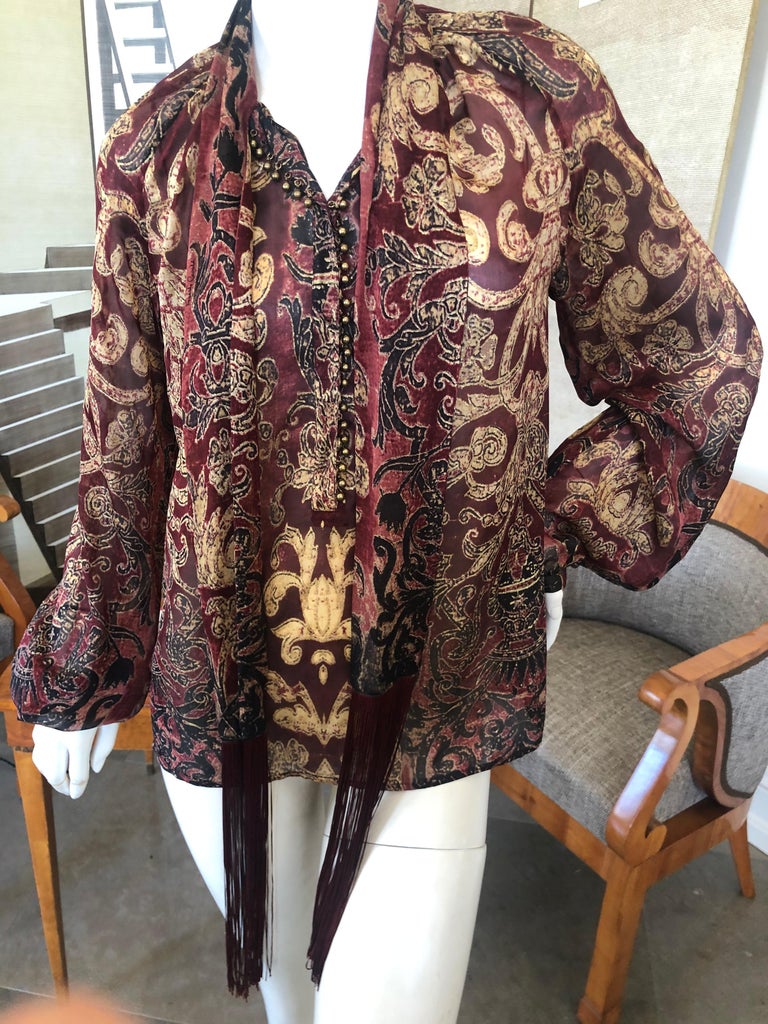 Roberto Cavalli Vintage Baroque Pattern Blouse with Fringe Tassel Bow ...