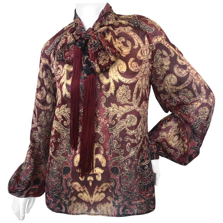 Roberto Cavalli Vintage Baroque Pattern Blouse with Fringe Tassel Bow ...