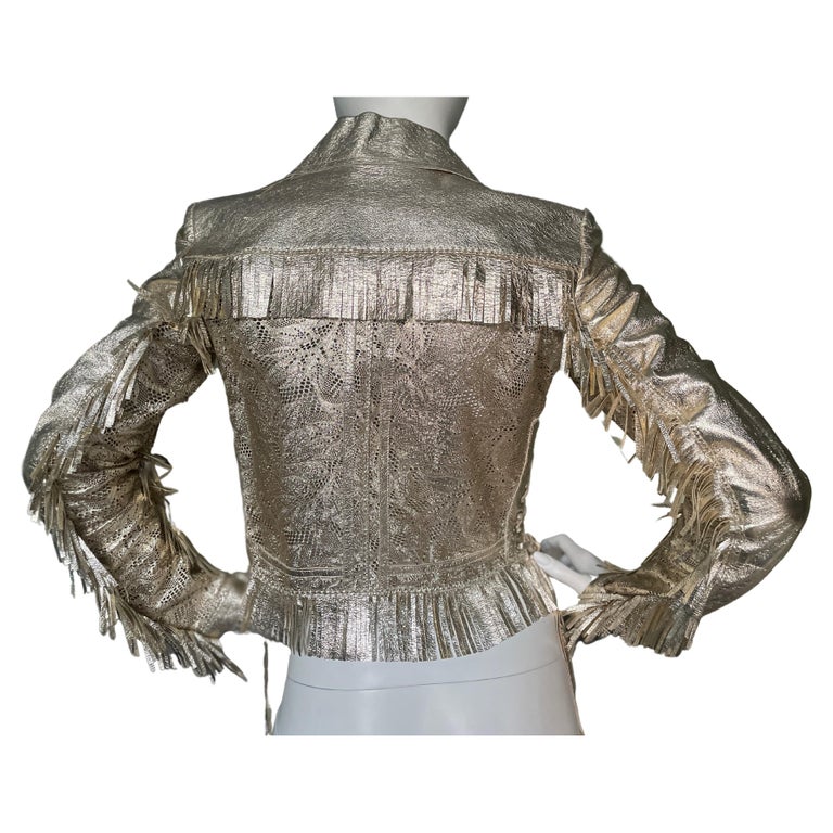 Roberto Cavalli Vintage Laser Cut Gold Leather Lace Jacket with Fringe ...