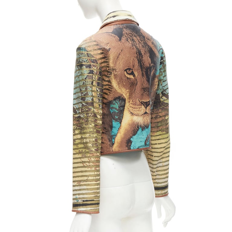 ROBERTO CAVALLI Vintage lion jungle stripes print 100% leather jacket M ...