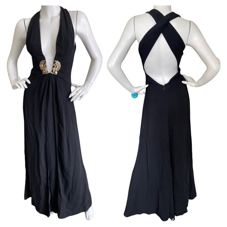 Roberto Cavalli Vintage Plunging Black Racer Back Dress w Gold Griffon ...