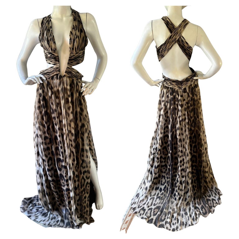 Roberto Cavalli Vintage Plunging Leopard Print Cut Out Silk Evening ...