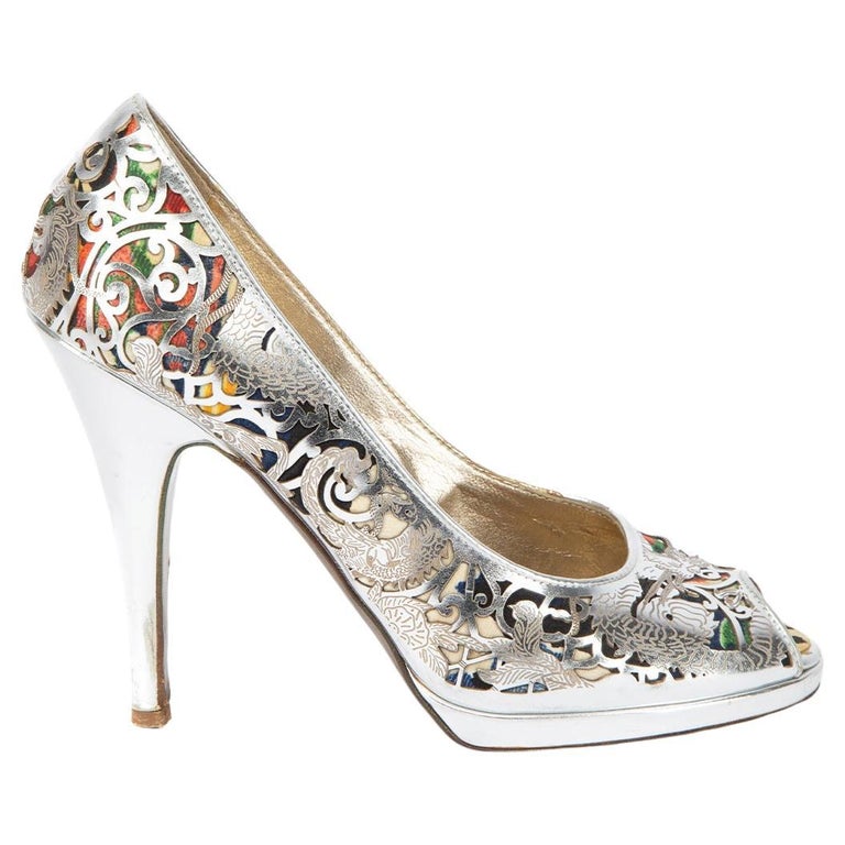 Roberto Cavalli Women's Metallic Silver Animals Cut Out Heels For Sale ...
