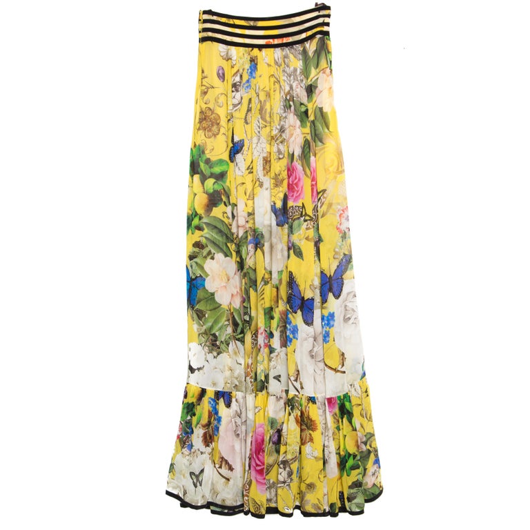 Roberto Cavalli Yellow Wonderland Printed Silk Flounce Bottom Maxi ...