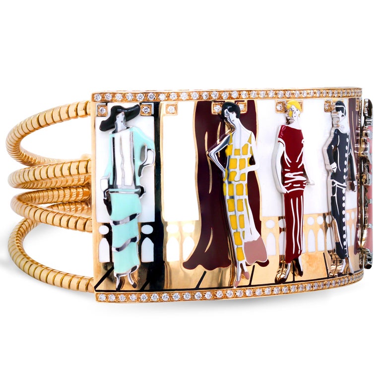 Roberto Coin 18 Karat Gold Diamond Enamel Ladies Models Wide Cuff ...