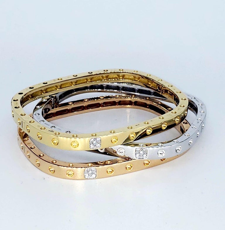 Roberto Coin 18 Karat Tri-Gold Square Bangle Set with Diamonds at 1stDibs