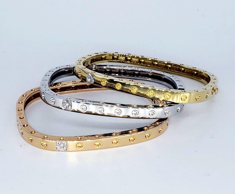 Roberto Coin 18 Karat Tri-Gold Square Bangle Set with Diamonds at 1stDibs