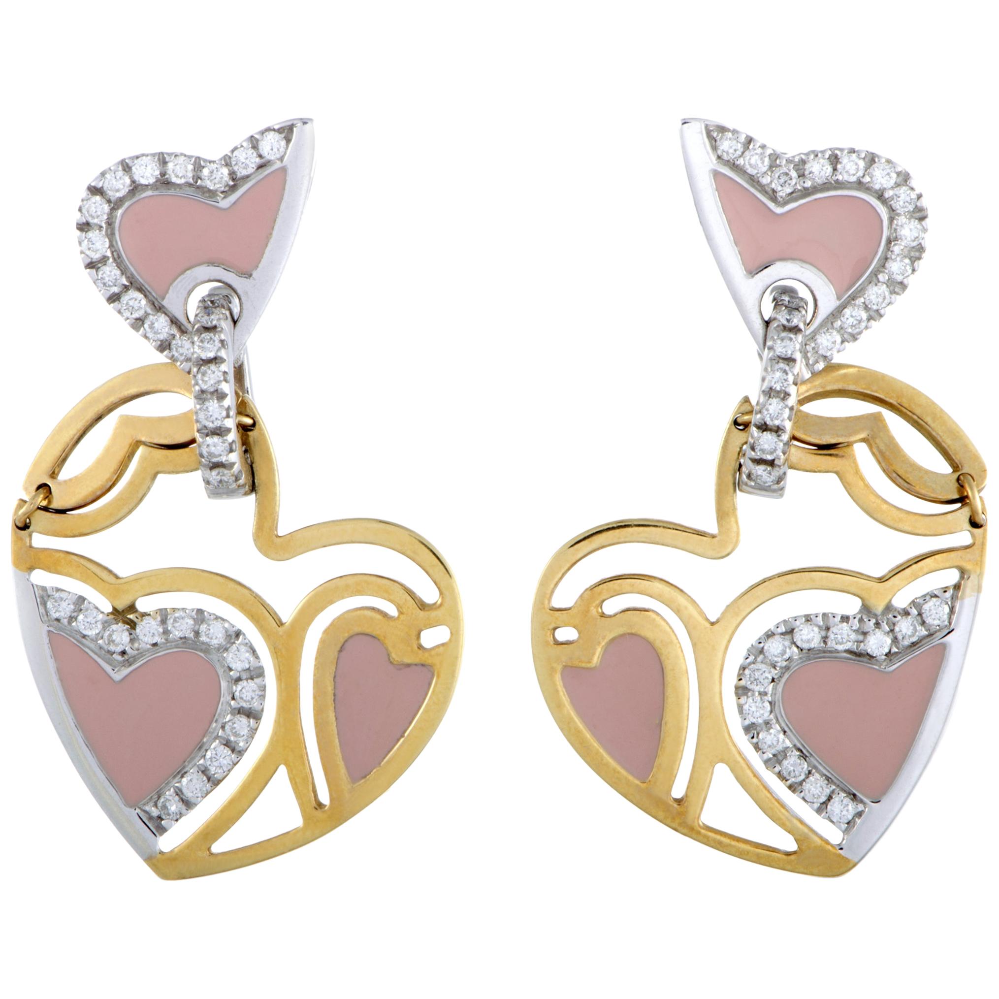 Roberto Coin 18K Yellow and White Gold Diamond and Pink Enamel Heart ...