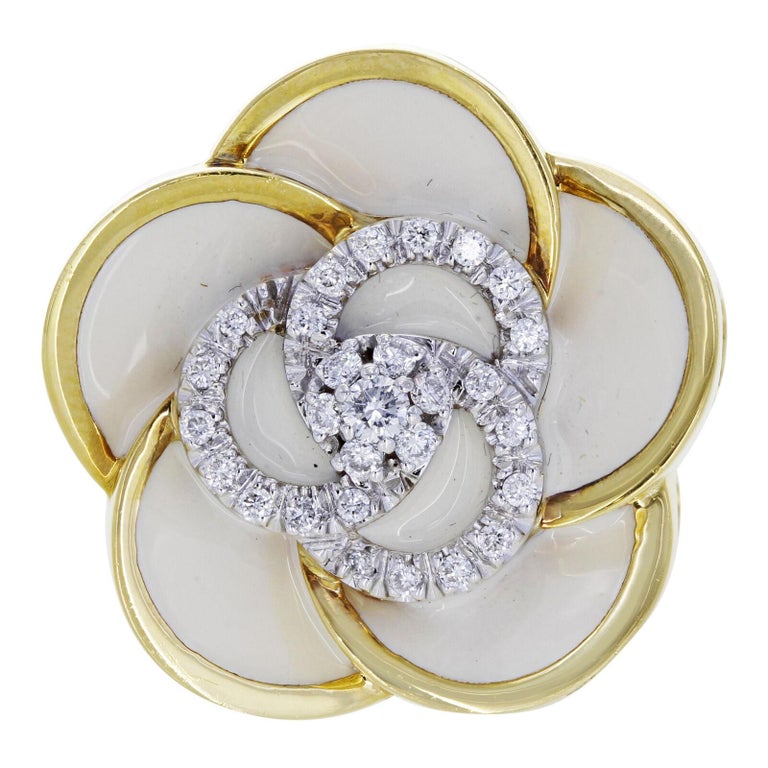 Roberto Coin 18 Karat Yellow Gold Enamel Diamond Flower Ring 0.35 Carat ...