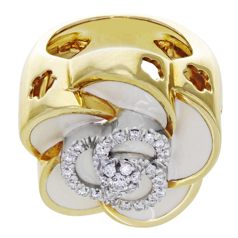 Roberto Coin 18 Karat Yellow Gold Enamel Diamond Flower Ring 0.35 Carat ...