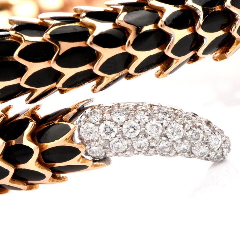 Roberto Coin Black Enamel Diamond 18 Karat Rose Gold Cobra Bangle ...