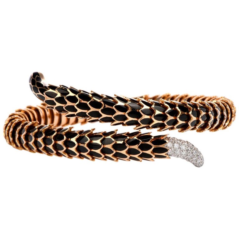 Roberto Coin Black Enamel Diamond 18 Karat Rose Gold Cobra Bangle ...
