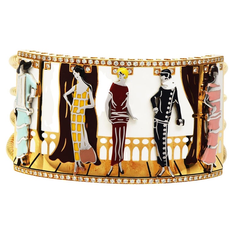 Roberto Coin Diamond Enamel Deco Models 18k Gold Wide Cuff Bracelet For ...