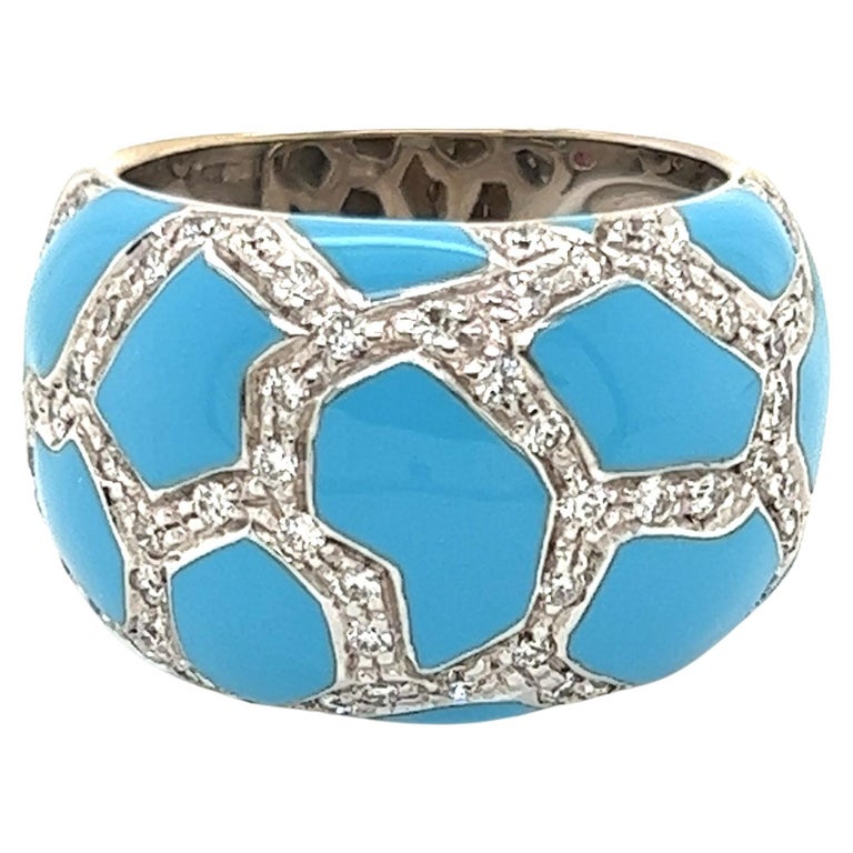 Roberto Coin Diamond Turquoise Mosaic 18k Wide Gold Wide Dome Band Ring ...