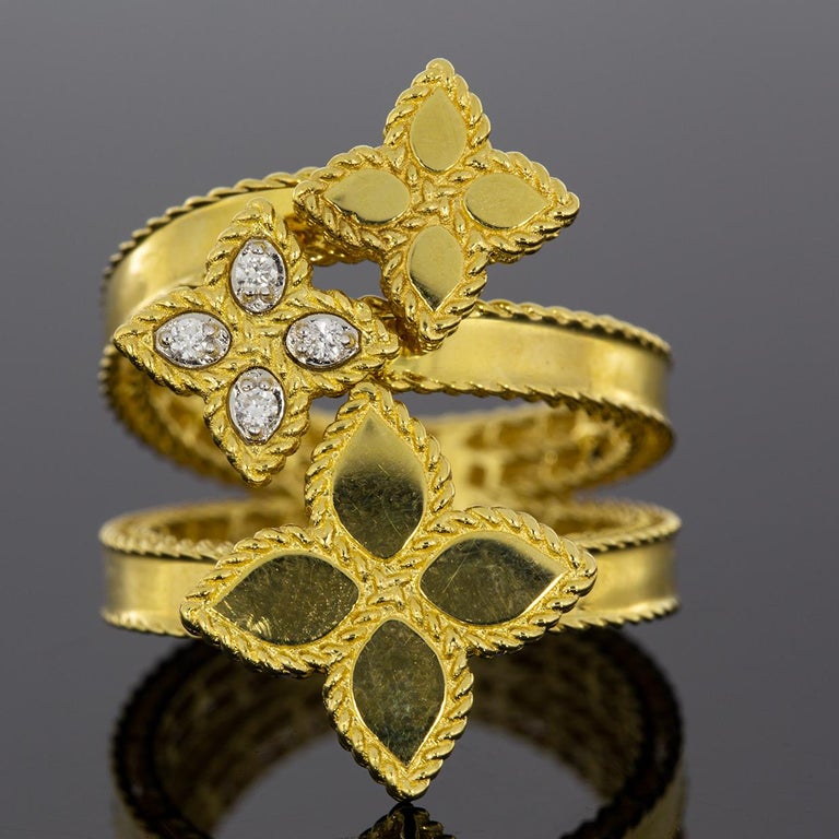 Roberto Coin Gold 0.03ctw Princess Flower Bypass 3 Flower Ring at 1stDibs