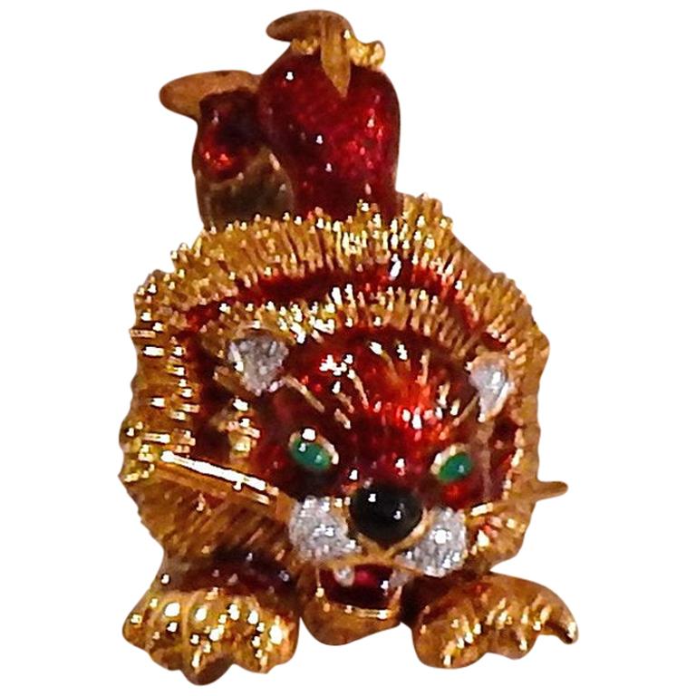 Pearl Emerald Diamond Pave Gold Lion Head Brooch at 1stDibs