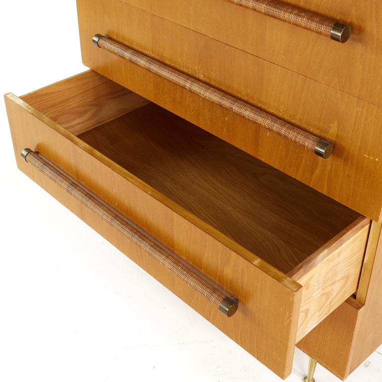 Robsjohn Gibbings Widdicomb MCM 4 Drawer Walnut Cane and Brass Highboy ...