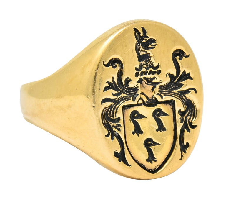 Robust Victorian 14 Karat Gold Crane Heraldry Unisex Signet Ring at 1stDibs