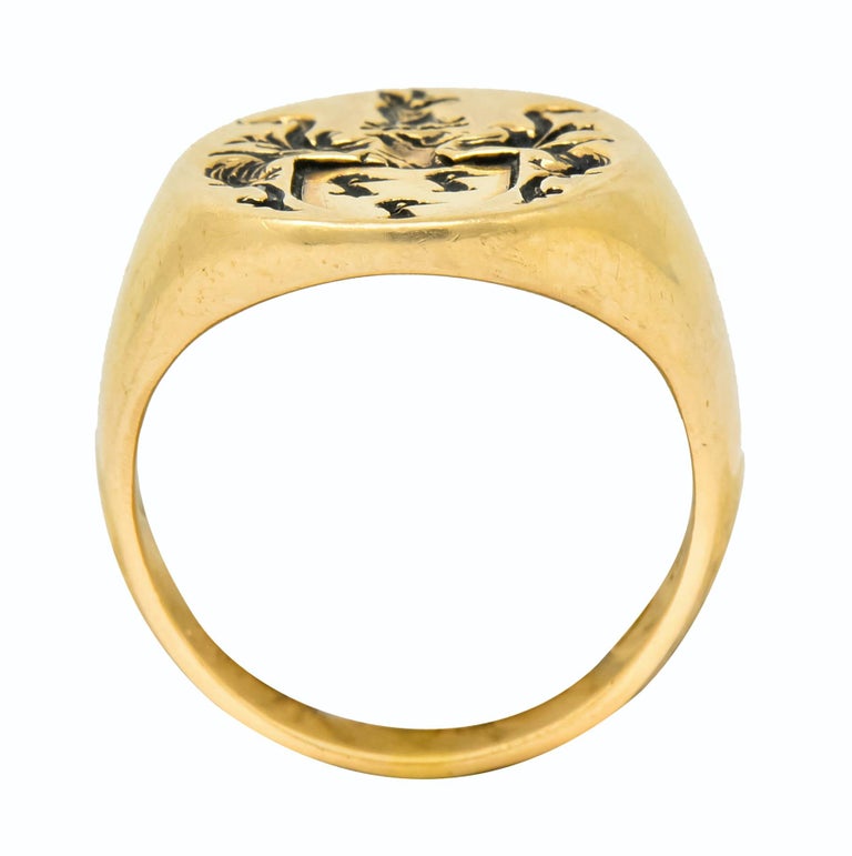 Robust Victorian 14 Karat Gold Crane Heraldry Unisex Signet Ring at 1stDibs