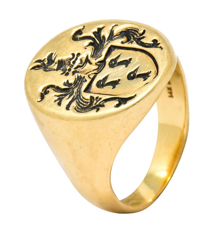 Robust Victorian 14 Karat Gold Crane Heraldry Unisex Signet Ring at 1stDibs