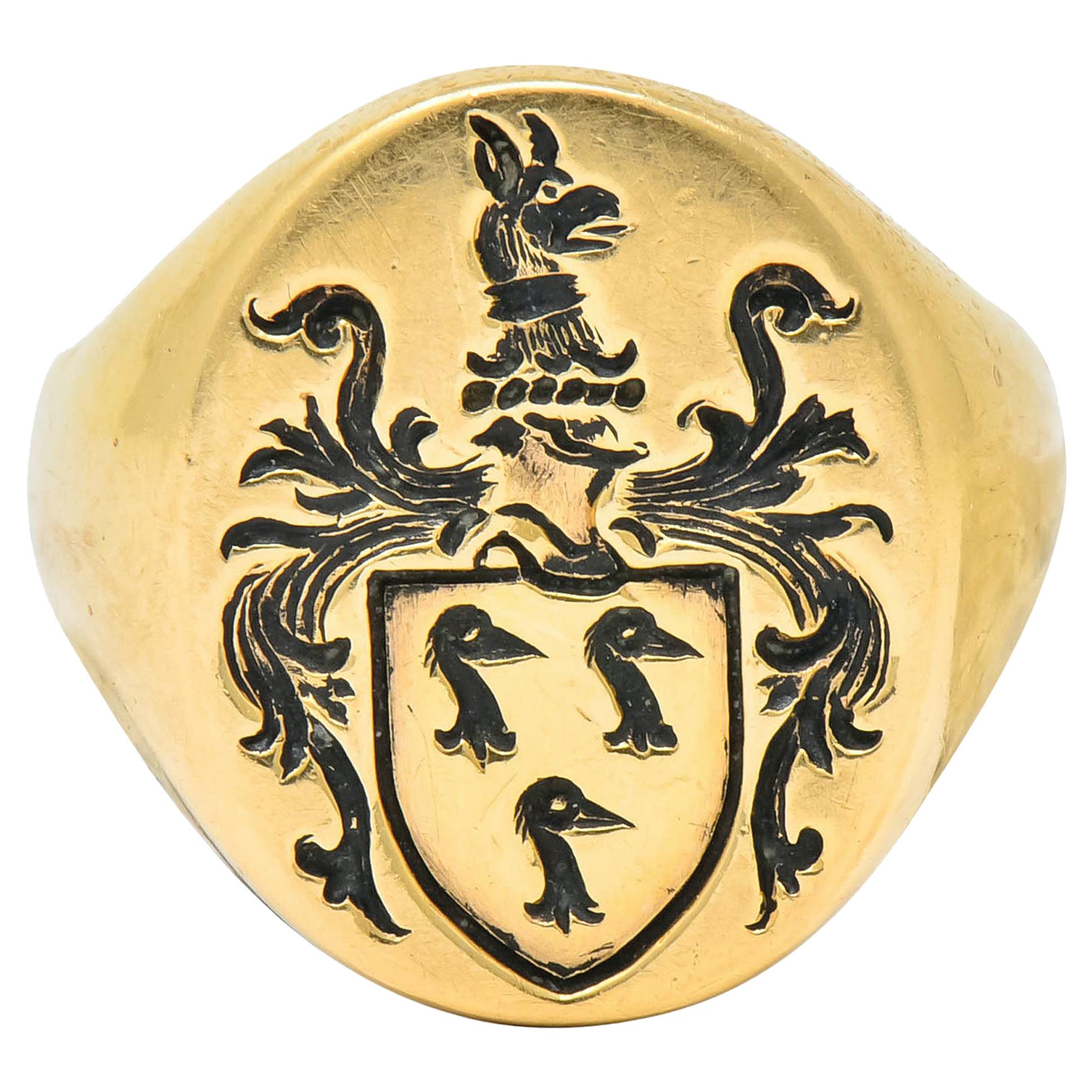 Robust Victorian 14 Karat Gold Crane Heraldry Unisex Signet Ring at 1stDibs