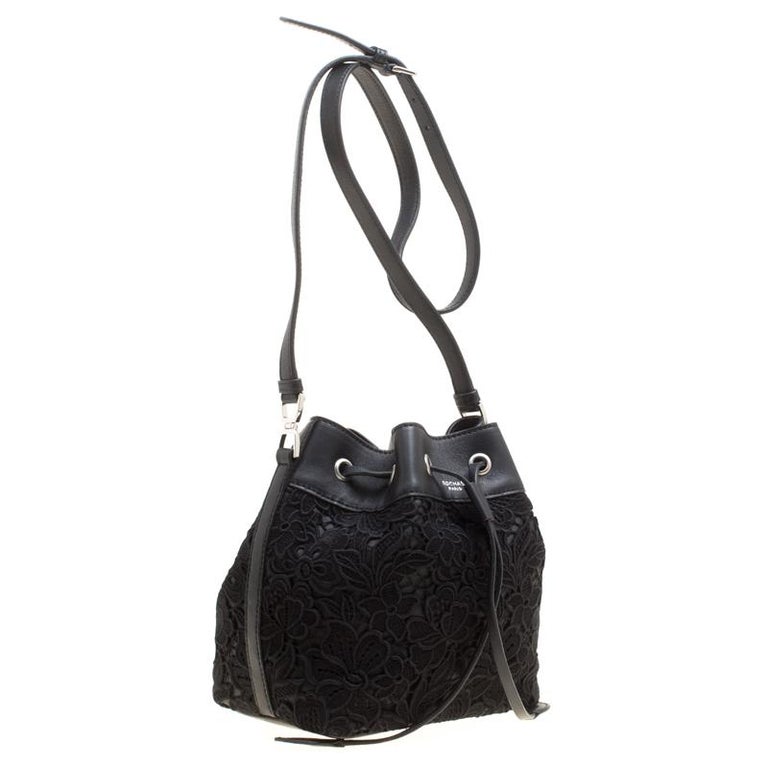 Rochas Black Lace and Leather Mini Duffle Drawstring Bucket Bag For ...