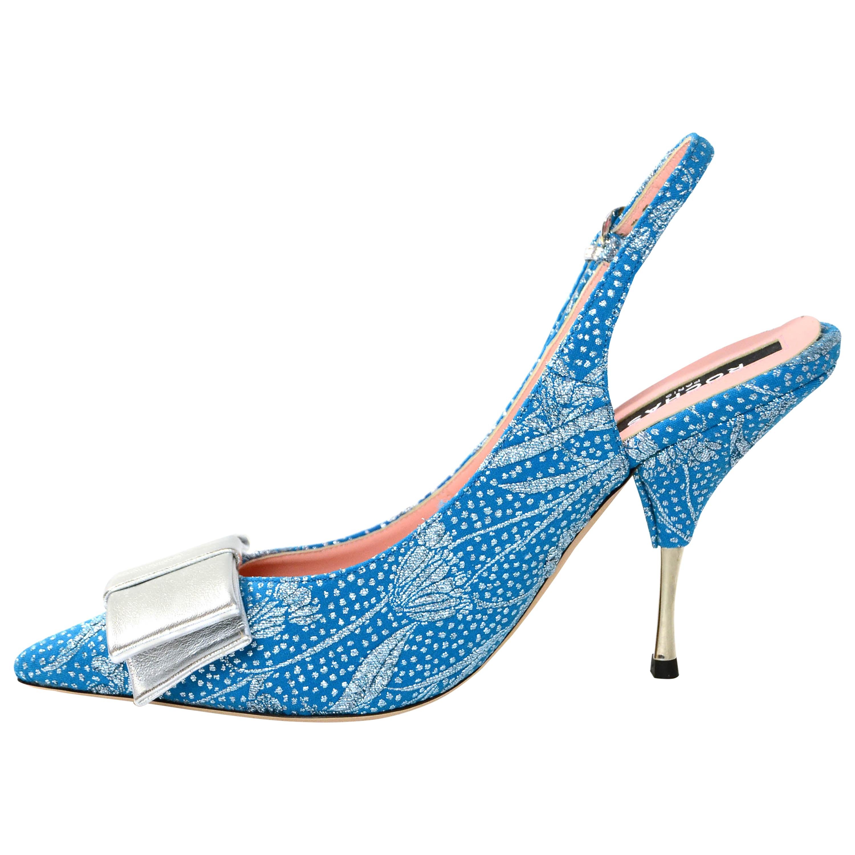 Rochas Turquoise Floral Brocade w/Embellished Bow Slingback Pumps sz 39 ...