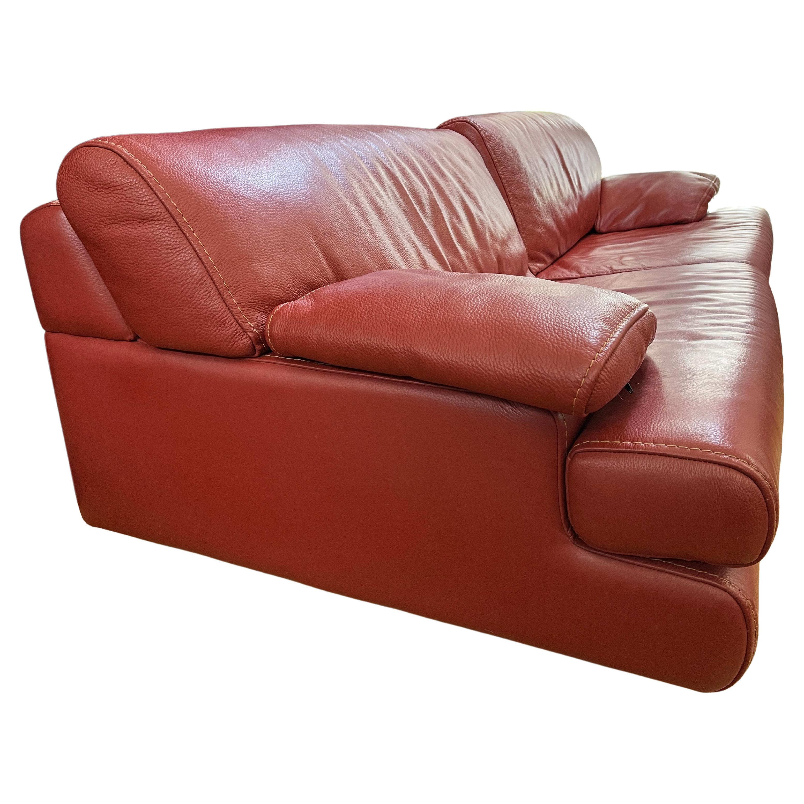 Roche Bobois Sofa in Brick Red Leather, Contrast Stitching For Sale at ...