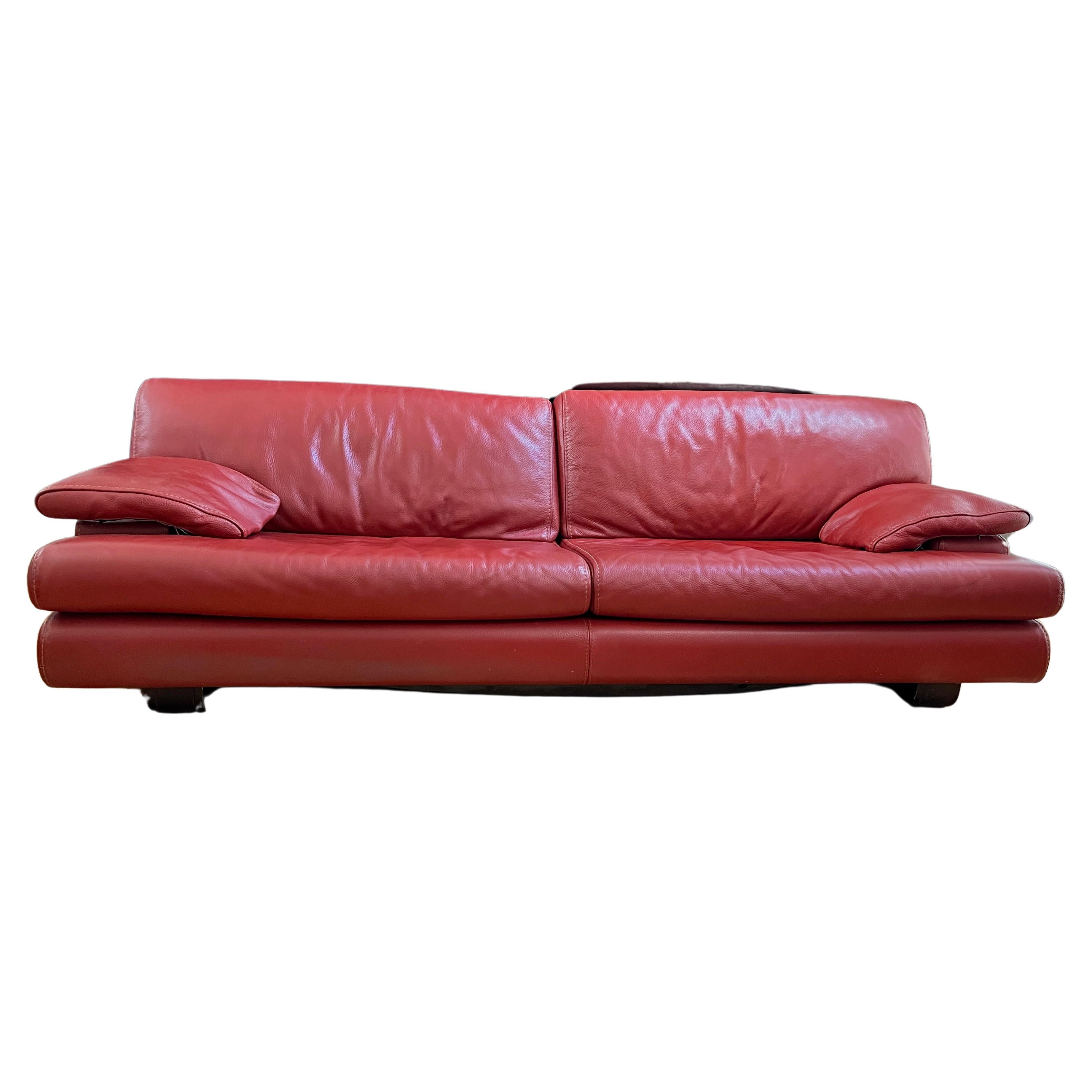 Roche Bobois Sofa in Brick Red Leather, Contrast Stitching For Sale at ...