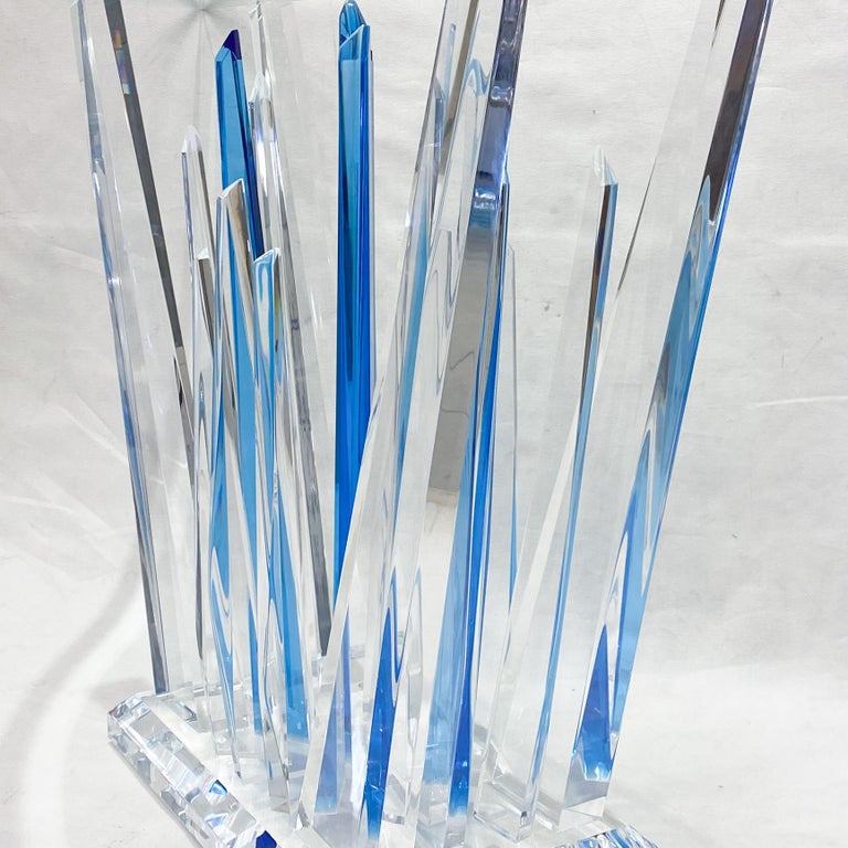 Rock Acrylic Sky Blue Clear Abstract Console with Half Moon Bevelled ...